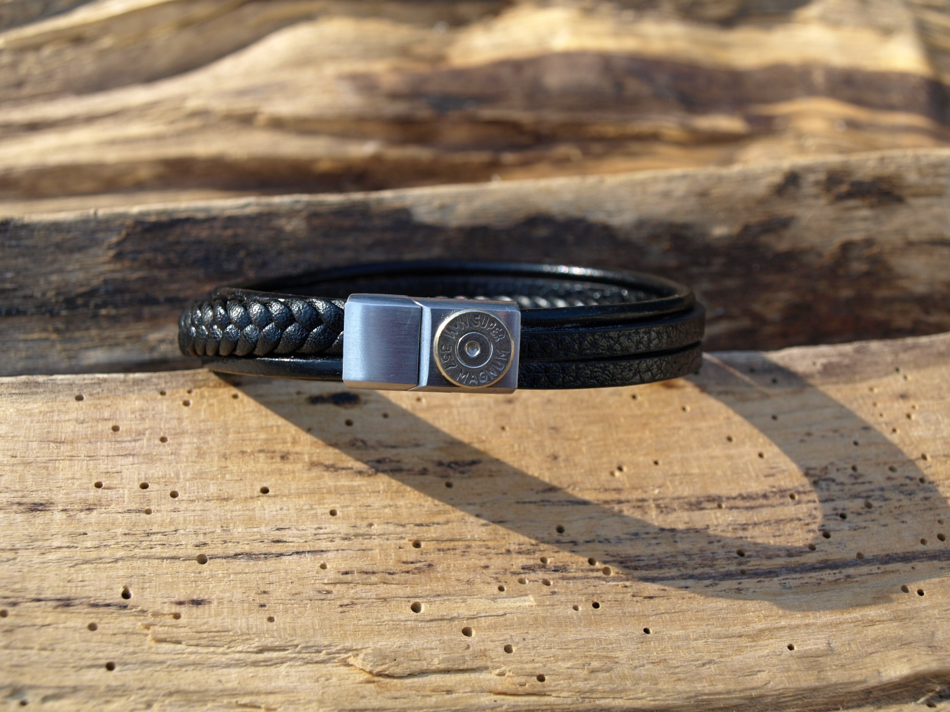B-485 Layered Black Leather Bullet Bracelet with Slider Magnetic Opener ...
