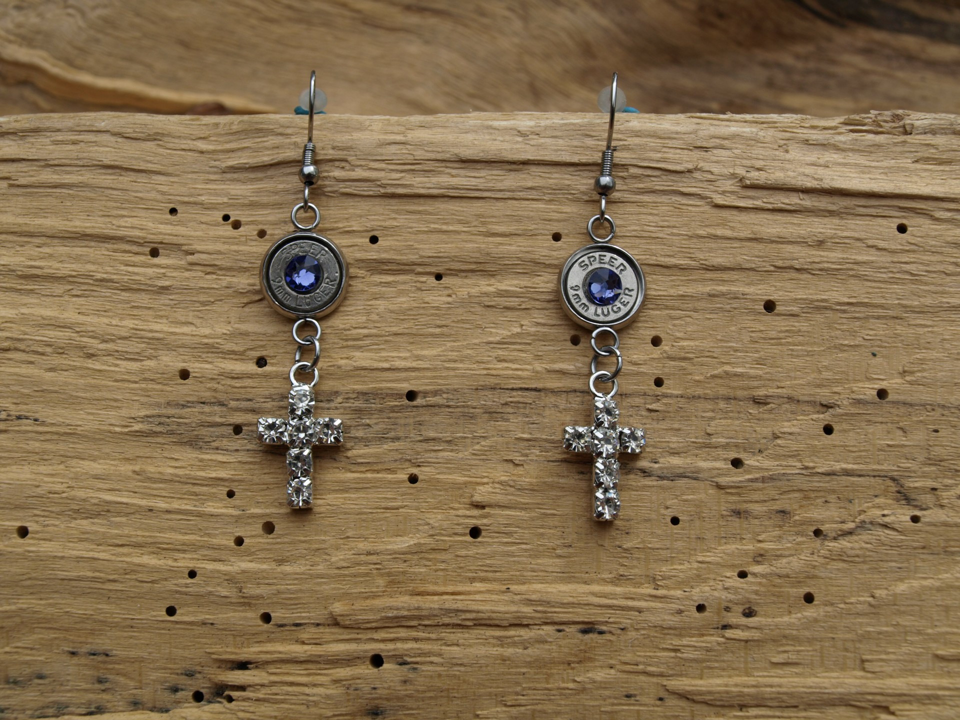ES-665 Bullet Earrings with Rhinestone Cross Charms. Comes with 9 mm ...
