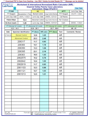 SmartLabTools | SLT_124 Coag Worksheet with INR Calculator