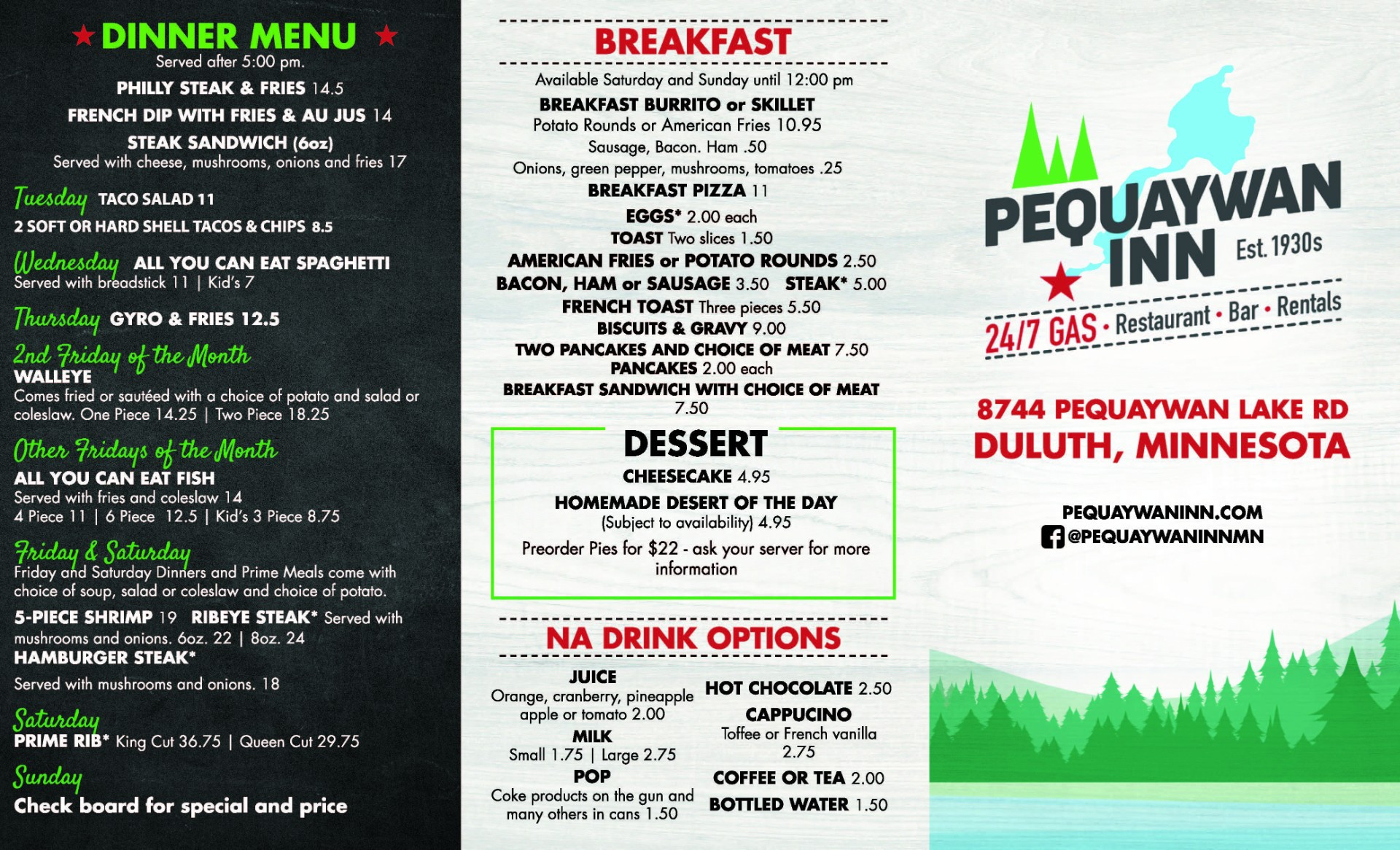 Pequaywan Inn - Menu